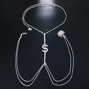 Asooll Crystal Chest Chain Rhinestones Letter Bra Body Chain Bikini Bra Jewelry Fashion Beach Rave Body Accessories Jewelry for Women and Girls (Gold)