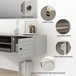 HAUSHECK Modern Floating Stand for 65 Inch TVs with 2 Large Storage, 3 Levels Adjustable Shelves, Cable Management & Magnetic Cabinet Door, Wall Mounted Entertainment Center Media Console, Beige