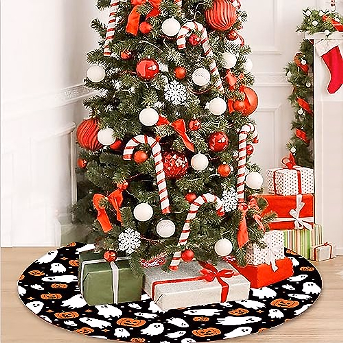 Halloween Tree Skirt Black Halloween Ghost Pumpkins Tree Skirt 48 Inch Halloween Tree Skirts Tree Mat for Halloween Indoor Outdoor Decorations