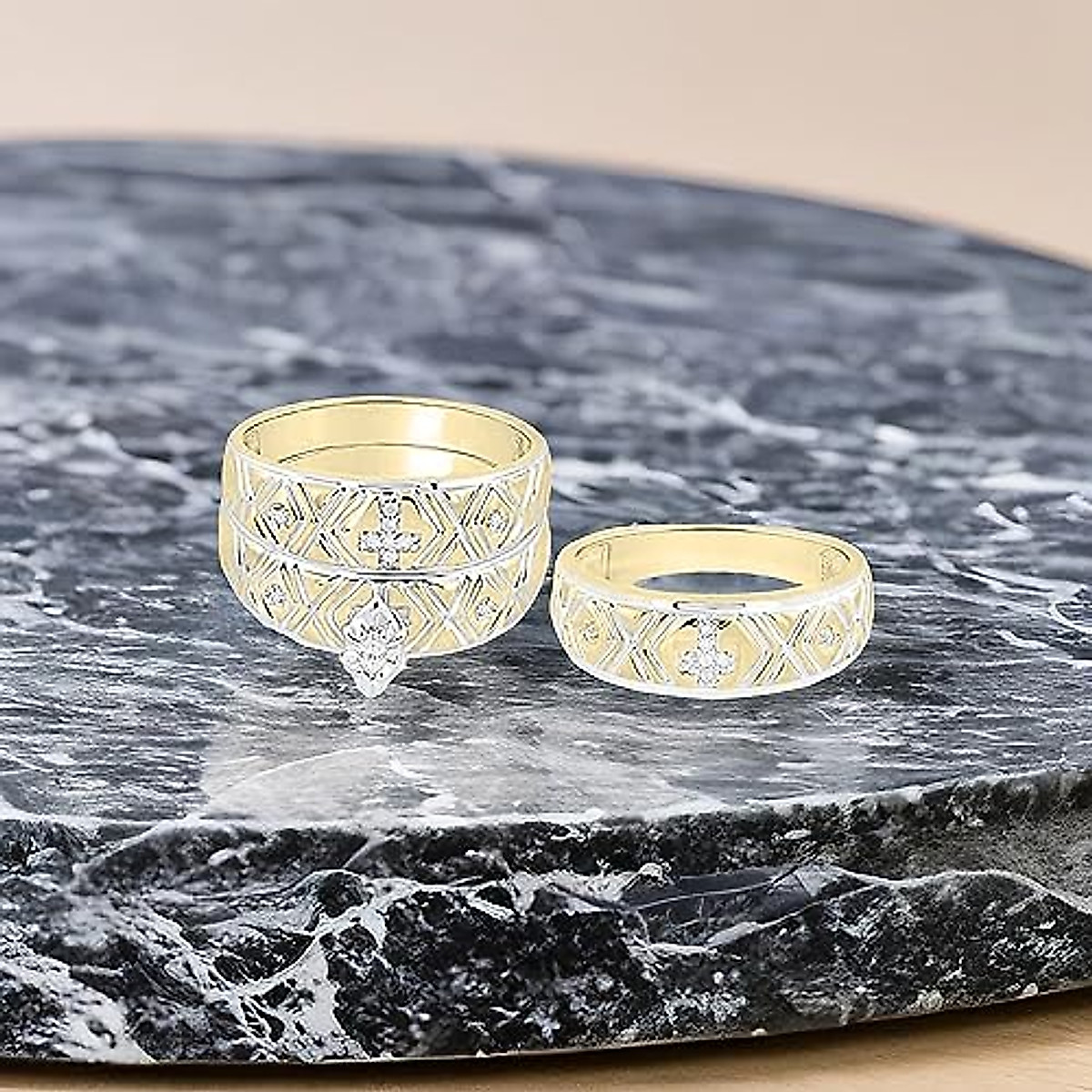 Dazzlingrock Collection 0.14 Carat Marquise & Round White Diamond Intricate Cross Design Trio Ring Set in 14K Yellow Gold, Women size 10 and Mens size 10