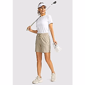 Soothfeel Women's Hiking Cargo Shorts with 4 Pockets 7 Inch Long Quick Dry Athletic Golf Shorts for Women Casual Summer (Khaki, Large)
