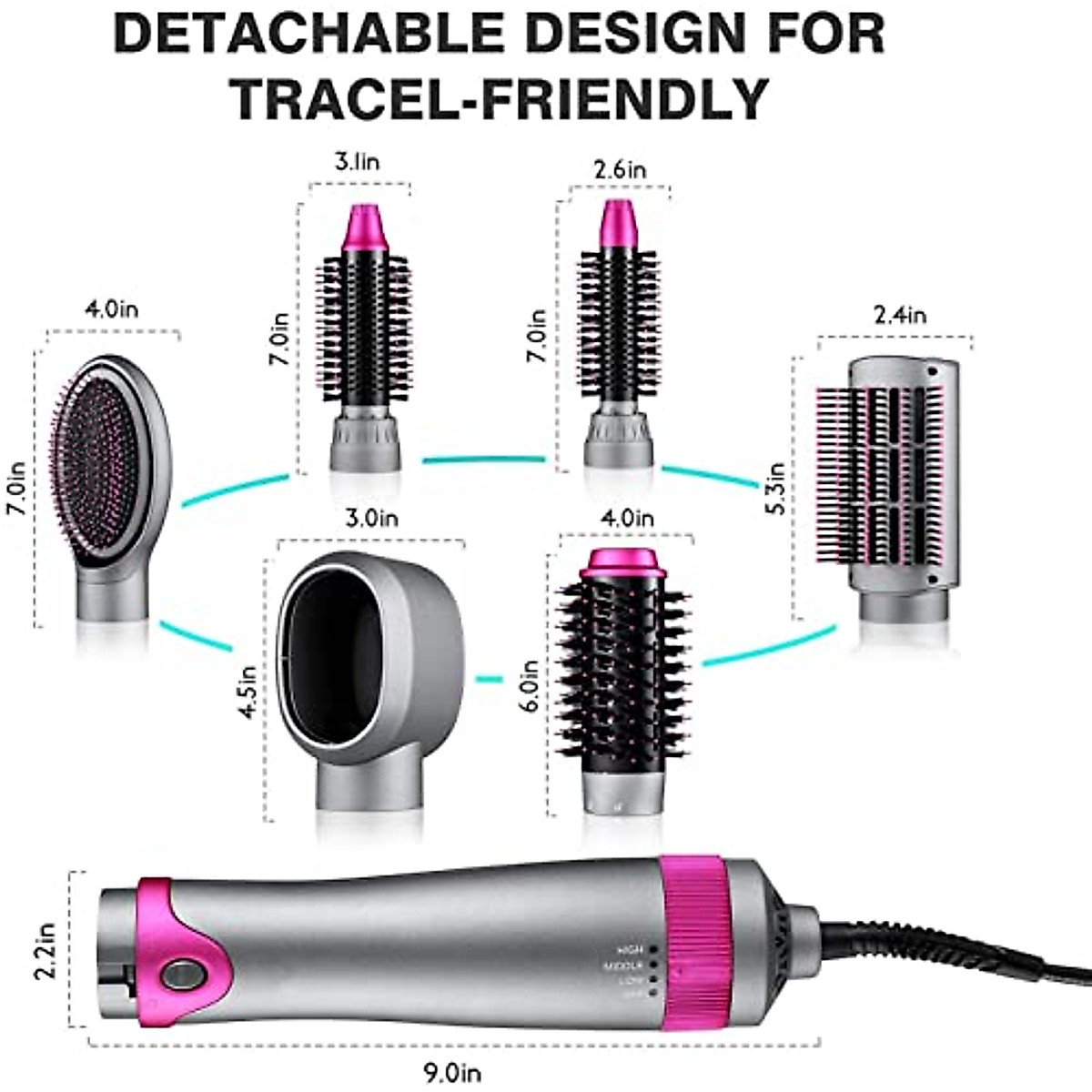 6 in 1 Hair Dryer Brush and Volumizer, Detachable Hair Dryer Styler, One-Step Hot Air Brush for Straightening Curling Drying Combing Styling