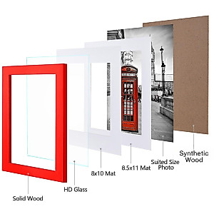 eletecpro 11x14 Picture Frame 4 Pack Made of Solid Wood and Strong Real Glass, Displays 8x10 and 8.5x11 Photos with Mat or 8x11 without Mat, Room Decor for Wall and Tabletop, Gallery Gifts Red