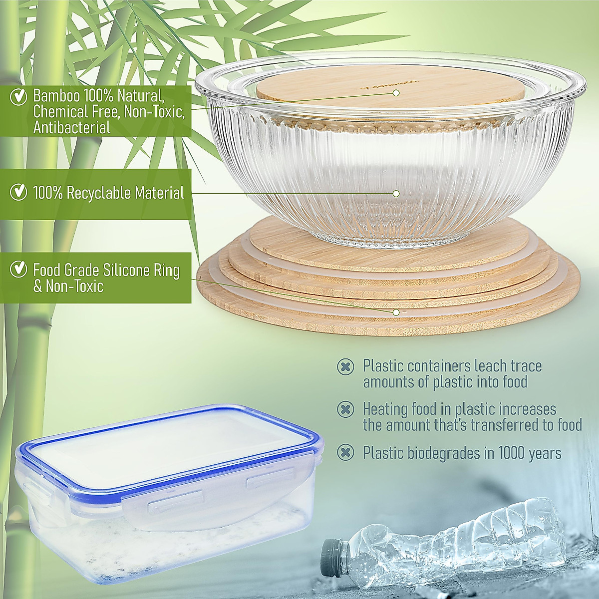 dokaworld Stackable Space-Saving Nesting Set of 3 Glass Bowls with Bamboo Lids for Foodprep, Storage, Mixing & Cooking - Microwave & Oven Safe BPA Free Durable Heat Resistant Inert Borosilicate Glass