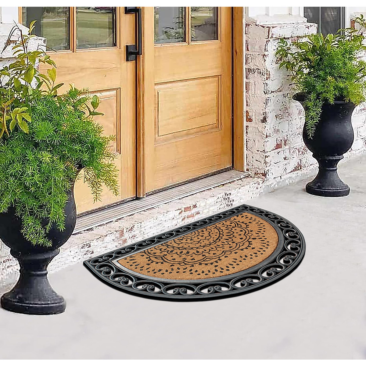 A1 Home Collections A1HOME200131 Heavy Duty Welcome Doormat A1HC Natural Coir & Rubber Round Door Mat, 30" X 48", Half Circle Paisley Black