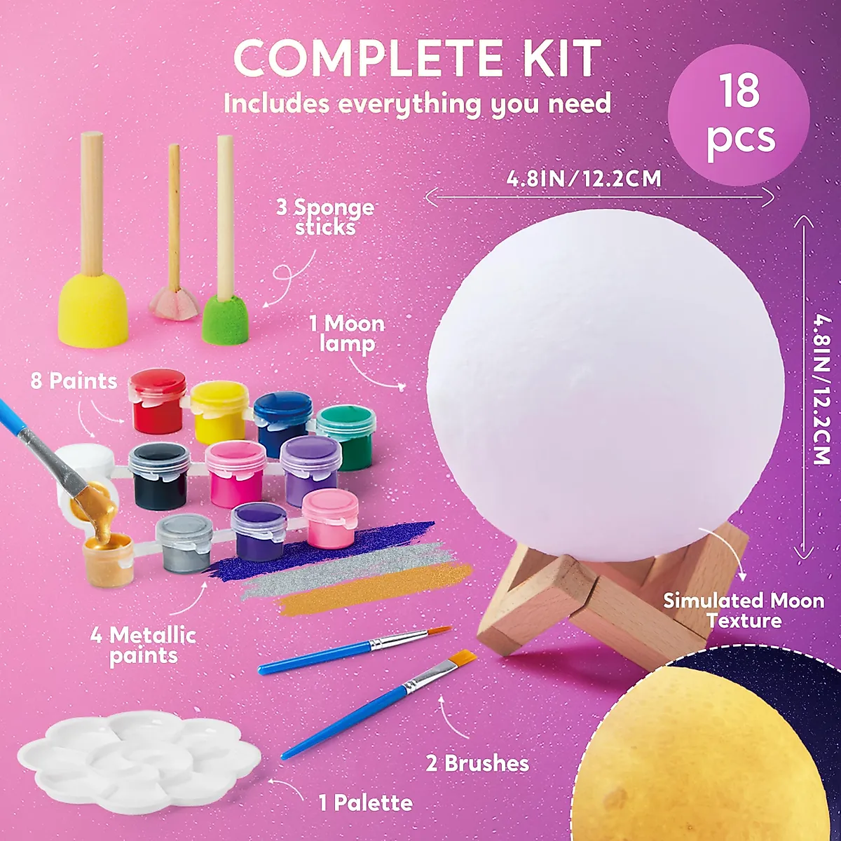 Klever Kits DIY 3D Moon Night Light, Paint Your Own Moon Lamp Kit Galaxy Lamp Arts and Crafts Kit, School Activities, Birthday Gifts for Kids Girls Boys