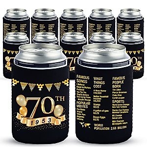 Yangmics 70th Birthday Can Cooler Sleeves Pack of 12- 1953 Sign - 70th Anniversary Decorations - Dirty 70th Birthday Party Supplies - Black and Gold Seventieth Birthday Cup Coolers