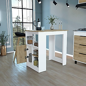 Depot E-Shop Masset Kitchen Island with Side Shelve and Push to Open Cabinet, White/Macadamia