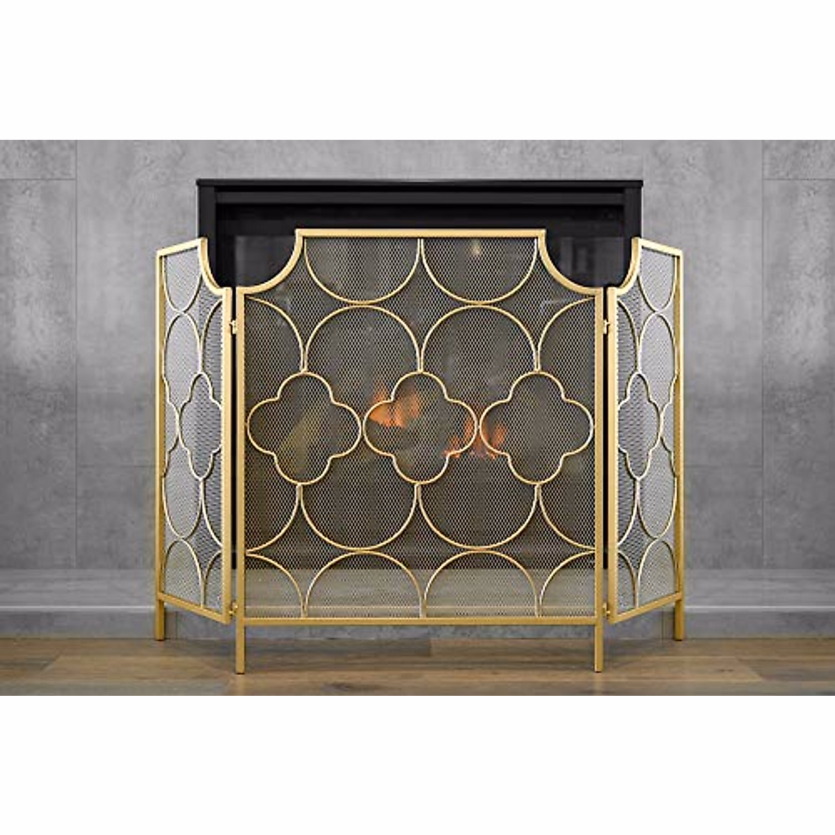 Barton 49" x 30" Fireplace Screen Gold Iron Mesh Geometric 3 Panel Fire Door Freestanding Cover Decorative Spark Guard Gate Grate