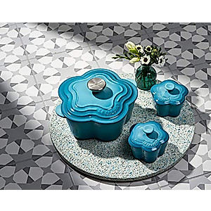 Le Creuset Enameled Cast Iron 2.25qt. Flower Cocotte and (2) Stoneware Mini flower Ramekins