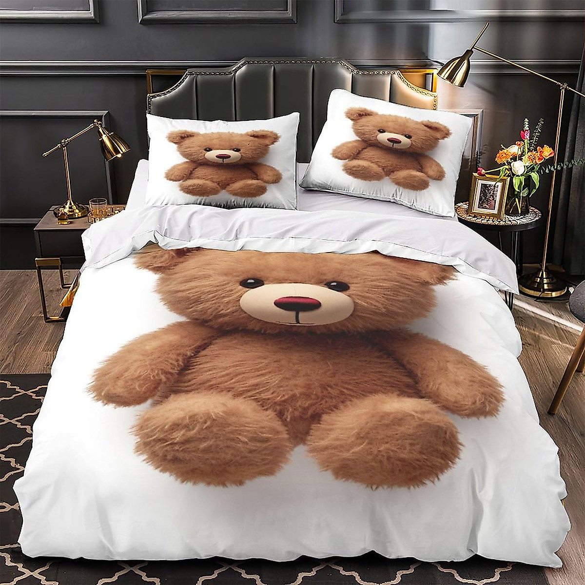 Teddy Bear Toy 3pcs 3D Bedding Set Furry Doll Duvet Cover Set Bed Printed Quilt Cover Bed Linens with 2 Pillowcases with Zipper All Season Queen（228x228cm）