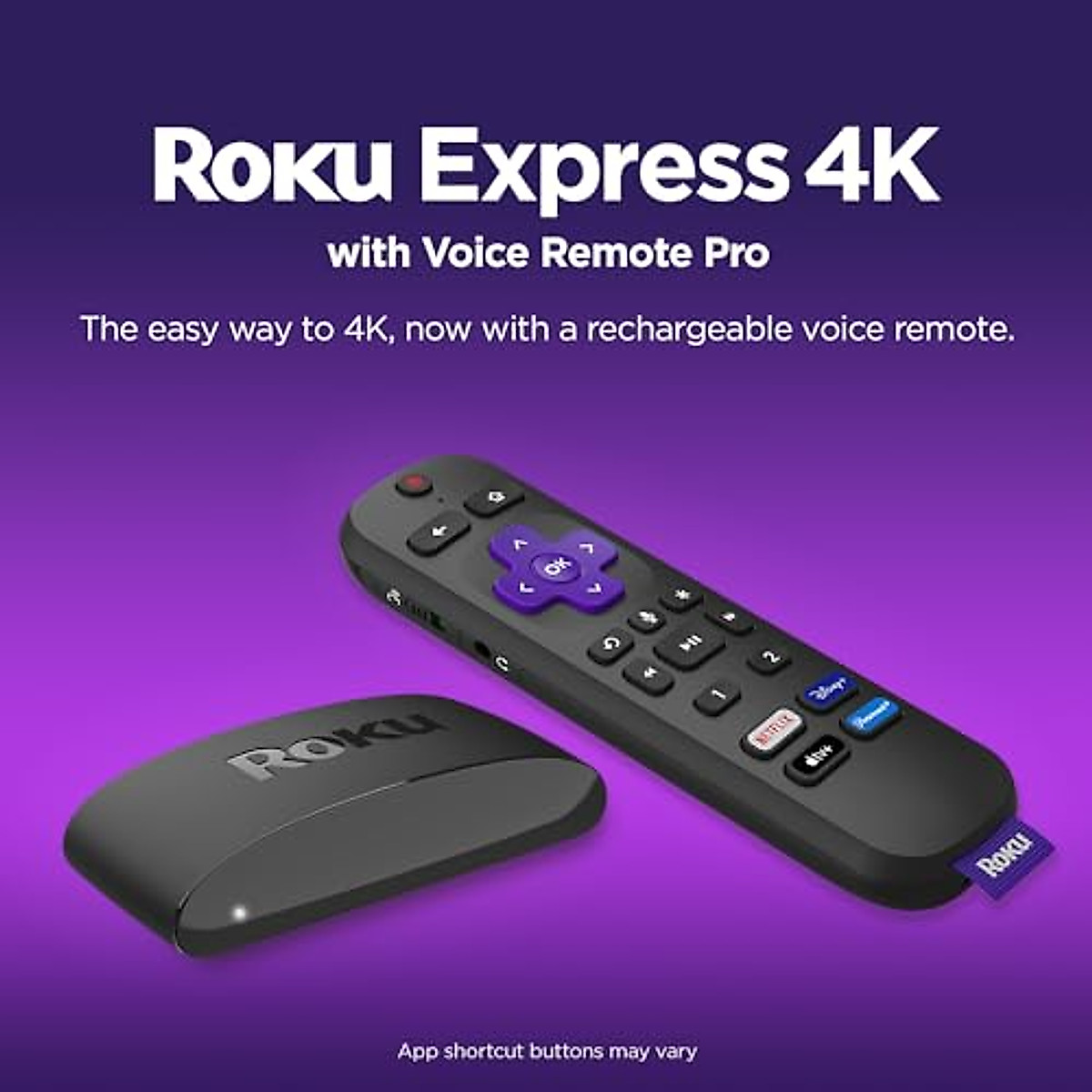 Roku Express 4K Pro with Voice Remote Pro - Roku Streaming Device 4K/HDR, Rechargeable Roku Remote, Hands-Free Controls, Lost Remote Finder, Free & Live TV - Amazon Exclusive