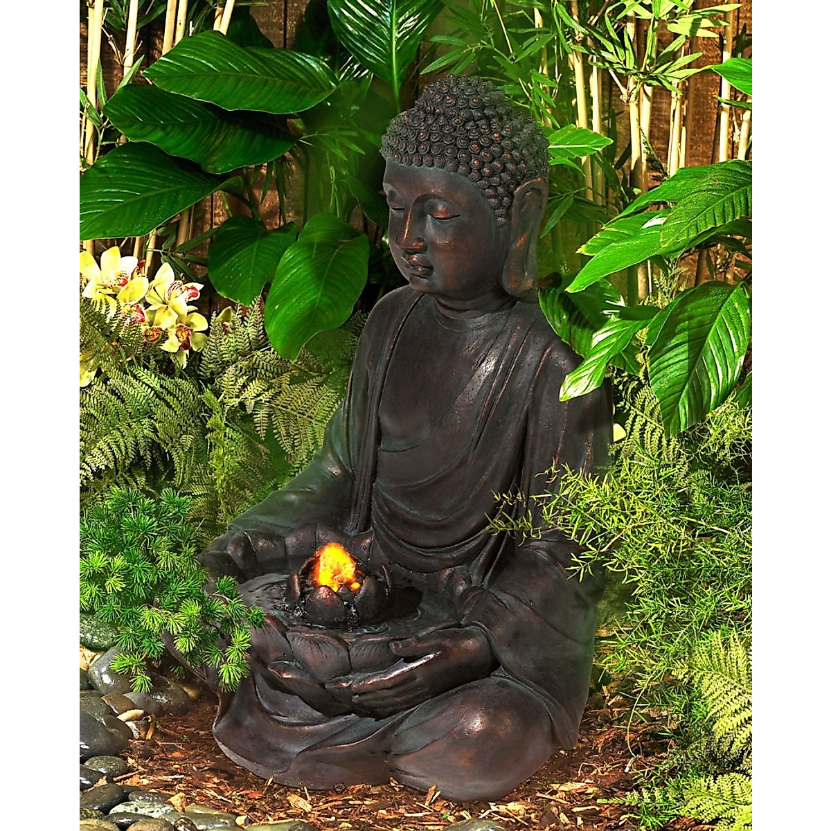 Meditating Buddha Zen Outdoor Floor Bubbler Water Fountain 24" High with LED Light Decor for Table Desk-Top Garden Yard Patio Porch Home Bedroom House Living Room Relaxation - John Timberland