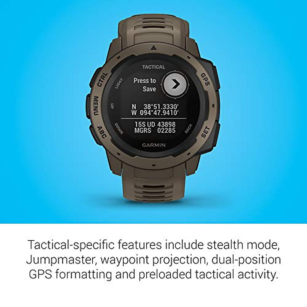 Garmin 010-02064-71 Instinct Tactical, Rugged GPS Watch, Tactical Specific Features, Constructed to U.S. Military Standard 810G for Thermal, Shock and Water Resistance, Tan