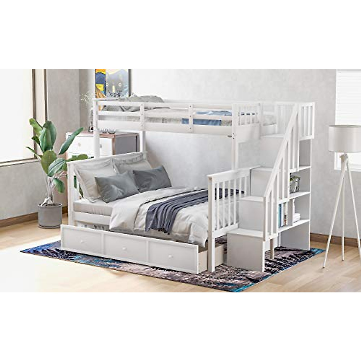 Flieks Twin-Over-Full Bunk Bed with Drawer,4 Storage and Guard Rail, Twin-Over-Full Bunk Bed for Bedroom, Dorm, for Family,Teens,No Box Spring Needed