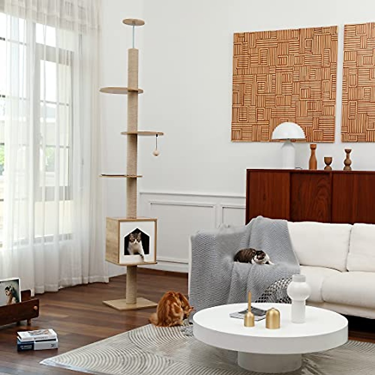 PETEPELA Cat Tree Floor-to-Ceiling Cat Tower, Cat Activity Center with Free Cat Scratching Post and Cat Condo, Ramp Ladder, Multi-Level Platforms Adjustable(94-102 Inches) for Indoor Cats
