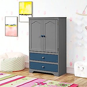 SOFTSEA Kids Armoire Wardrobe Closet with Drawers and Hanging Rod, Wooden Storage Wardrobe with Adjustable Shelf and 2 Doors, Freestanding Wardrobe Cabinet for Bedroom, Kids' Room (Gray + Blue)