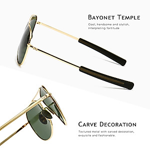 SUNGAIT Aviator Sunglasses for Men Polarized Military Style 100% UV400 Protection Pilot Bayonet Temples (Gold Frame/Green Lens, 58) SGT288JML