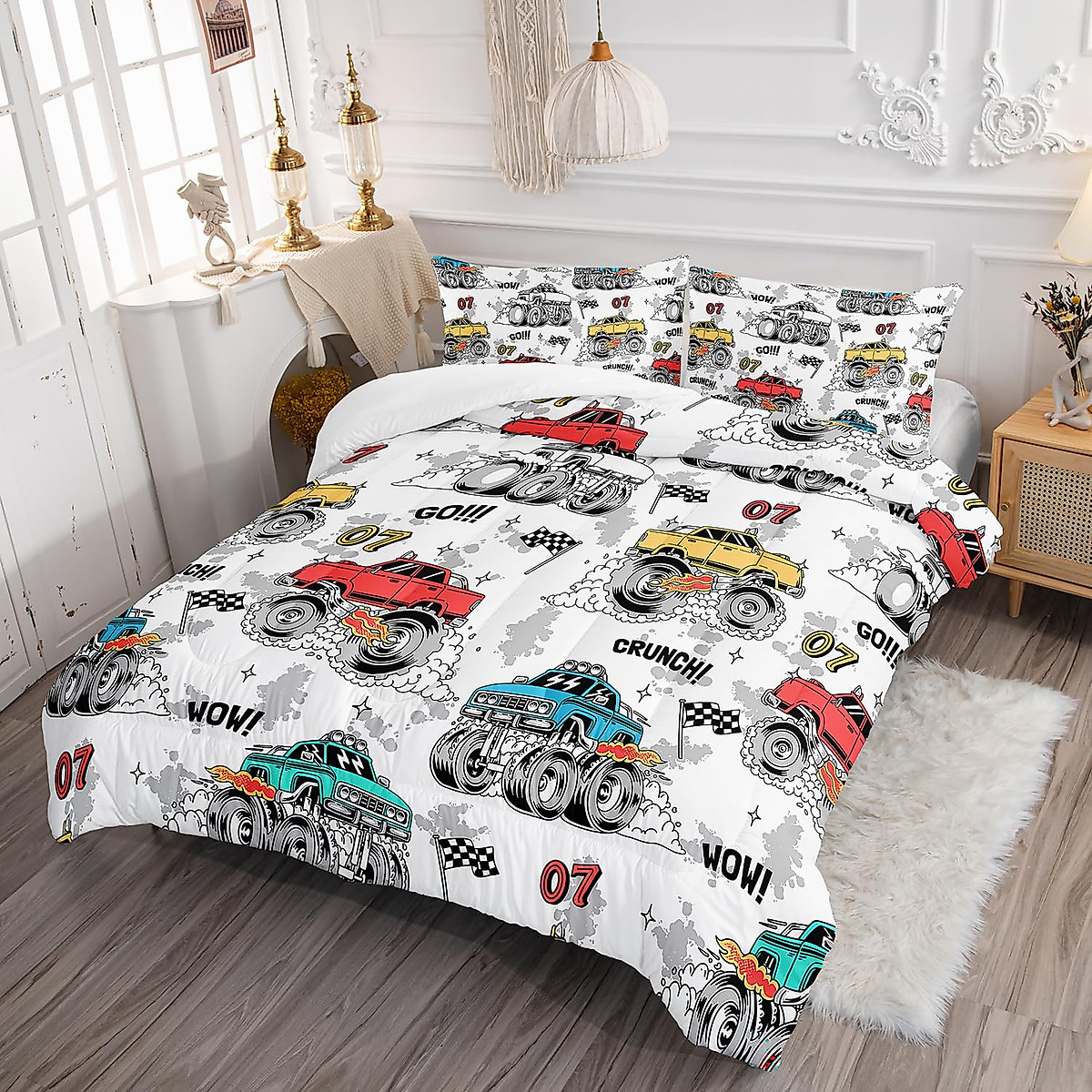 AILONEN Monster Trucks White Comforter Set Twin Size, Cartoon Truck Car Printed Bedding Set for Kids,Boys,Extreme Sports Duvet Set,3-Piece, 1 Quilt and 2 Pillowcases