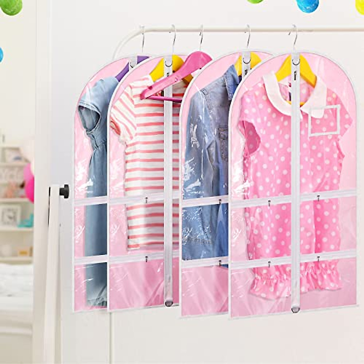 3 Pack Dance Garment Bag Pink Dance Costume Bags Kids Dress Bag with 4 Zipper Pockets 38 x 22 Inch Wardrobe Storage Bag Clear Window Garment Covers Recital Competition Bags for Dancer Girls Boys