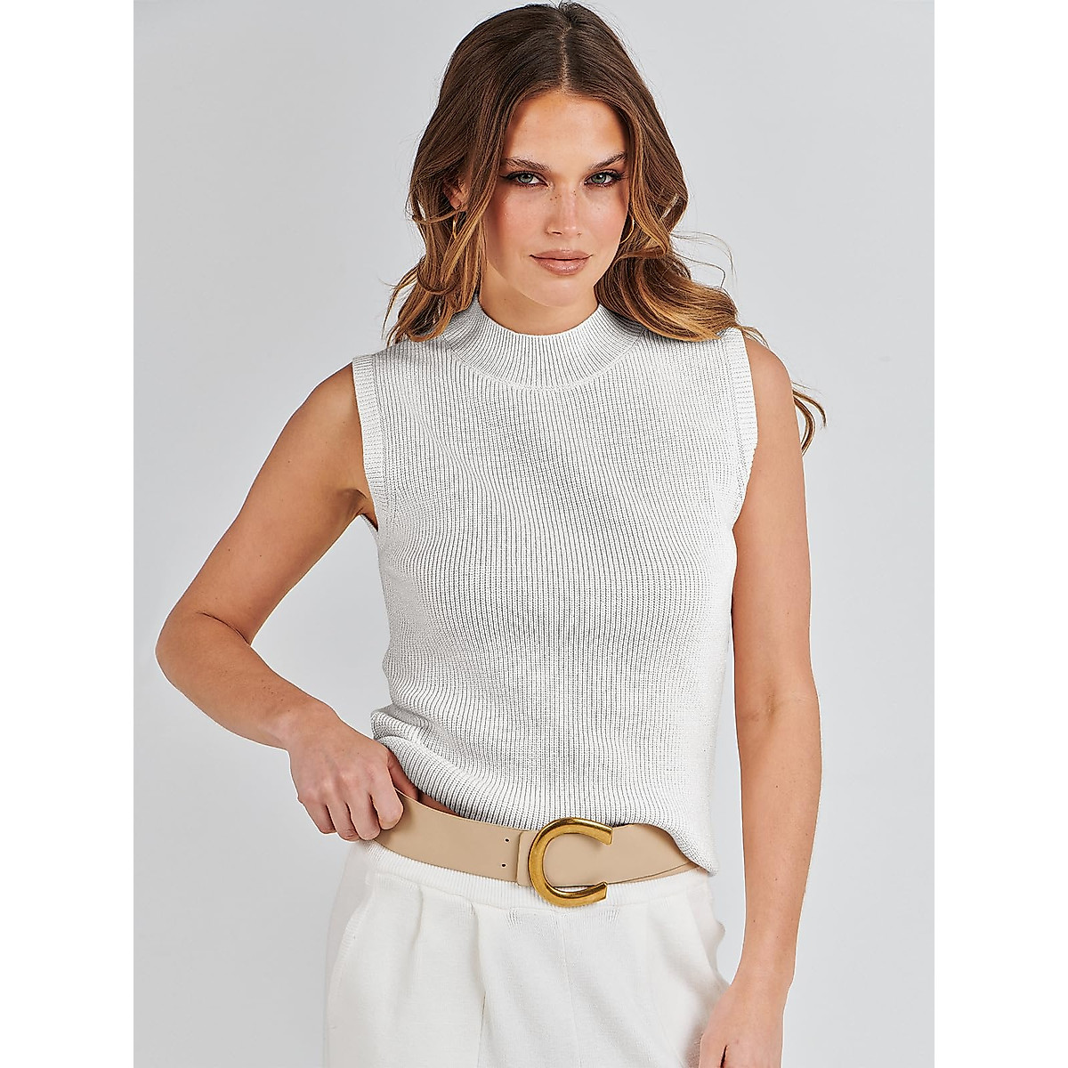 ANRABESS Womens Summer Sleeveless Tops Casual Mock Neck Loose Fit Knit Lightweight Sweater Pullover Top White-XL