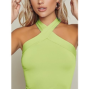 Floerns Women's Solid Criss Cross Halter Sleeveless Tee Shirt Top Lime Green S