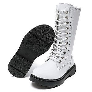 DADAWEN Boys Girls Leather Lace-Up Waterproof Side Zipper Mid Calf Combat Riding Winter Boots (Toddler/Little Kid/Big Kid) White US Size 2 M Little Kid