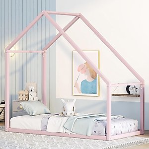 Montessori Floor Bed with Roof, Heavy Duty Metal Floor Bed/Montessori Bed with Playhouse Design, Twin Floor Bed for Kids, Girls, Boys(Not Include Slats), Pink Floor Bed Twin Size