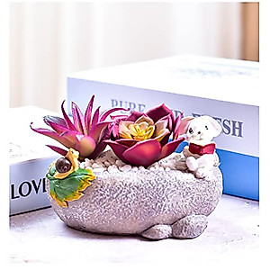 Novelty and Cute White Rabbit and Snail Flowerpot with Drainer Garden Flowerpot Resin Succulent Potted Bonsai Plant Stand Home Desk Mini Ornaments Without Plants