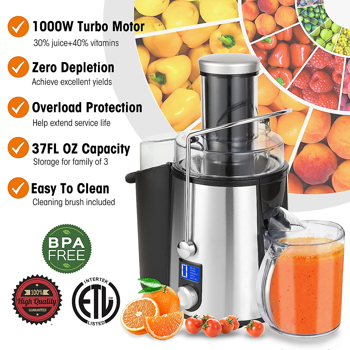 1000W 5 Speeds LCD Screen Centrifugal Juicer Machines Vegetable and Fruit, Regenerate Juice Extractor with Big 3" Wide Mouth, Anti-drip Compact Juice Maker, Easy Clean, High Juice Yield, BPA Free