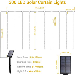 Solar String Lights Twinkle 300 LED Window Curtain String Light Solar Powered 8 Modes Fairy Lights for Wedding Party Home Garden Bedroom Outdoor Indoor Wall Decorations, Warm White