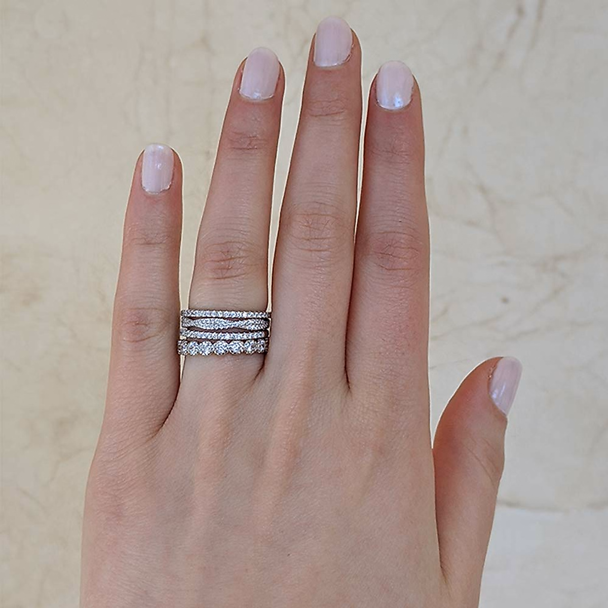 TwoBirch 18k White Gold Microplated 4 Piece Ring Set with Cubic Zirconia Stacking Ring Set (925 Silver, Sizes 9)