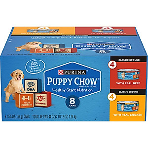 Puppy Chow Purina (8) Cans Healthy Start Nutrition 4-Real Chicken,4-Real Beef .Total 8-5.5 OZ Cans