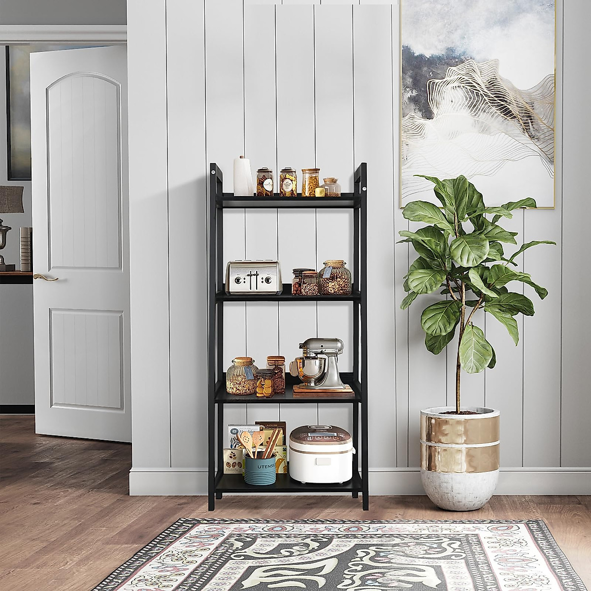 ECOMEX 4-Tier Ladder Shelf Modern Style Shelf, Ladder Bookshelf Open Storage Rack Wood Ladder Shelf with Solid Pine Frame, Freestanding Ladder Shelves for Home Office, Bedroom (Black)