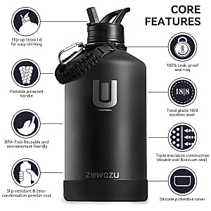 ZUWOZU 1 Gallon Water Bottle Insulated, 128oz Large Stainless Steel Water Bottles with Straw, Spout & Handle Lid, Big 1 Gallon Water Jug with Carrier Bag w/Strap, Perfect for Hot&Cold Drinks,Black