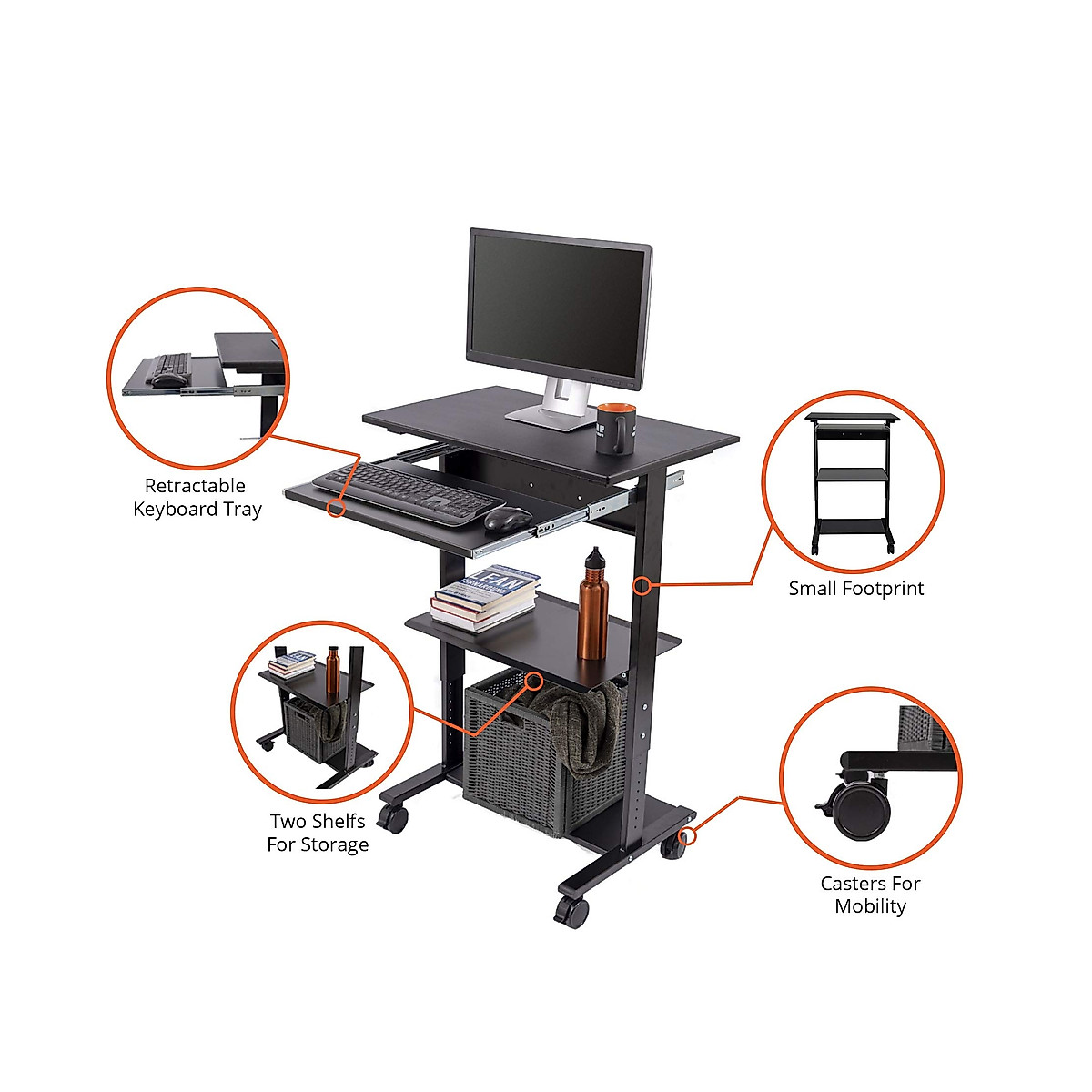 Stand Up Desk Store Mobile Rolling Adjustable Height Standing Workstation with Printer Shelf and Slideout Keyboard Tray (Black Frame/Black Top, 30" Wide)