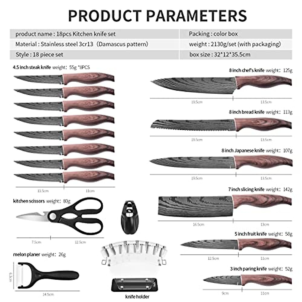 Damascus Steel Knife Set 18Pcs Non Stick Sharp Kitchen Knives Set with Acrylic Block, Cutlery Knives Block Set, Chef Quality, Best Gift (Coffee)