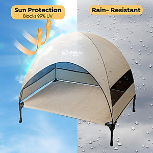 Veehoo Outdoor Dog Bed with Canopy, Cooling Elevated Dog Bed with Removable Shade, Non-Slip Feet, Raised Dog Cot Bed for Large Dogs, Dog Tent Bed for Camping, Beach, Large, Beige Coffee CWC2411