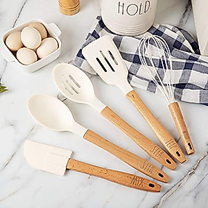 Rae Dunn Everyday Collection 5 Piece Silicone Kitchen Utensil Set with Canister Holder- Kitchen Tools with Beechwood Handles (White)