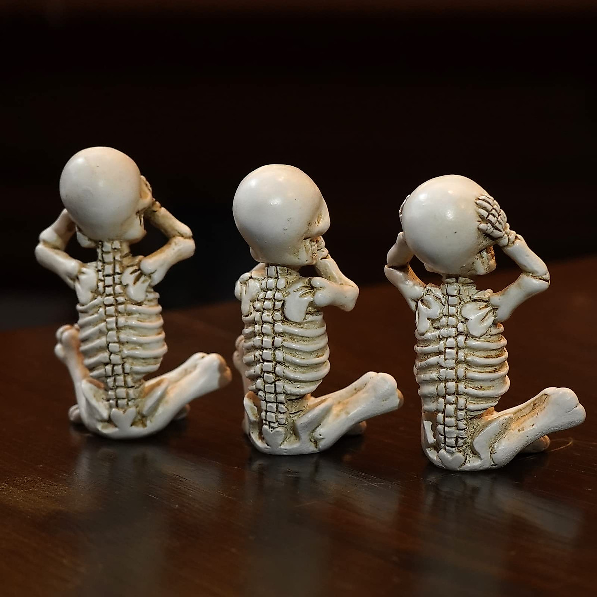 OwMell Set of 3 Skeletons Statue, Yoga Skull Figurine, Hear See Speak No Evil Statue Figurine, Halloween Gothic Home Decor - No Evil