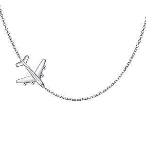 Airplane Sideways Choker Necklace S925 Sterling Silver Aircraft Jelwery Adjustable Chain 15+3 Inch for Women Lady, Best Gifts for Stewardess Flight Attendants (Choker)