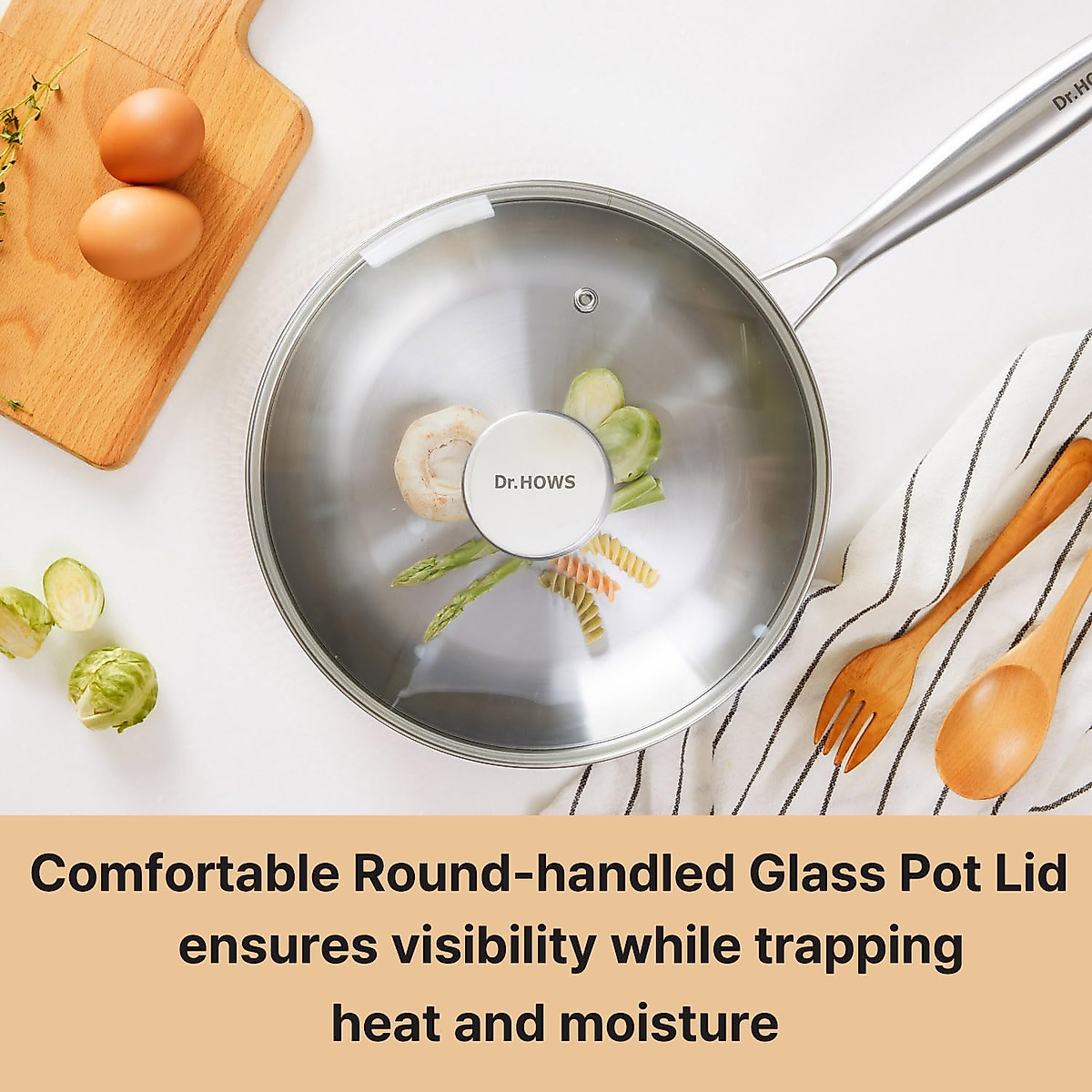 Dr.HOWS ESSENTIAL Tri-ply Stainless Steel Wok Pan, Kitchen Woks & Stir-fry Pans with Lid, Works on Induction, Dishwasher and Oven Broiler Safe, Cooking Frying Pan, Silver (11" wok with lid)