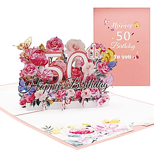Pop Up Birthday Card Happy 50th Birthday Cards Pink Birthday Gift Card 3D Popup 50th Birthday Greeting Card Flower Card with Note Card and Envelope 50th Birthday Gifts for Women Men Wife Mother Father