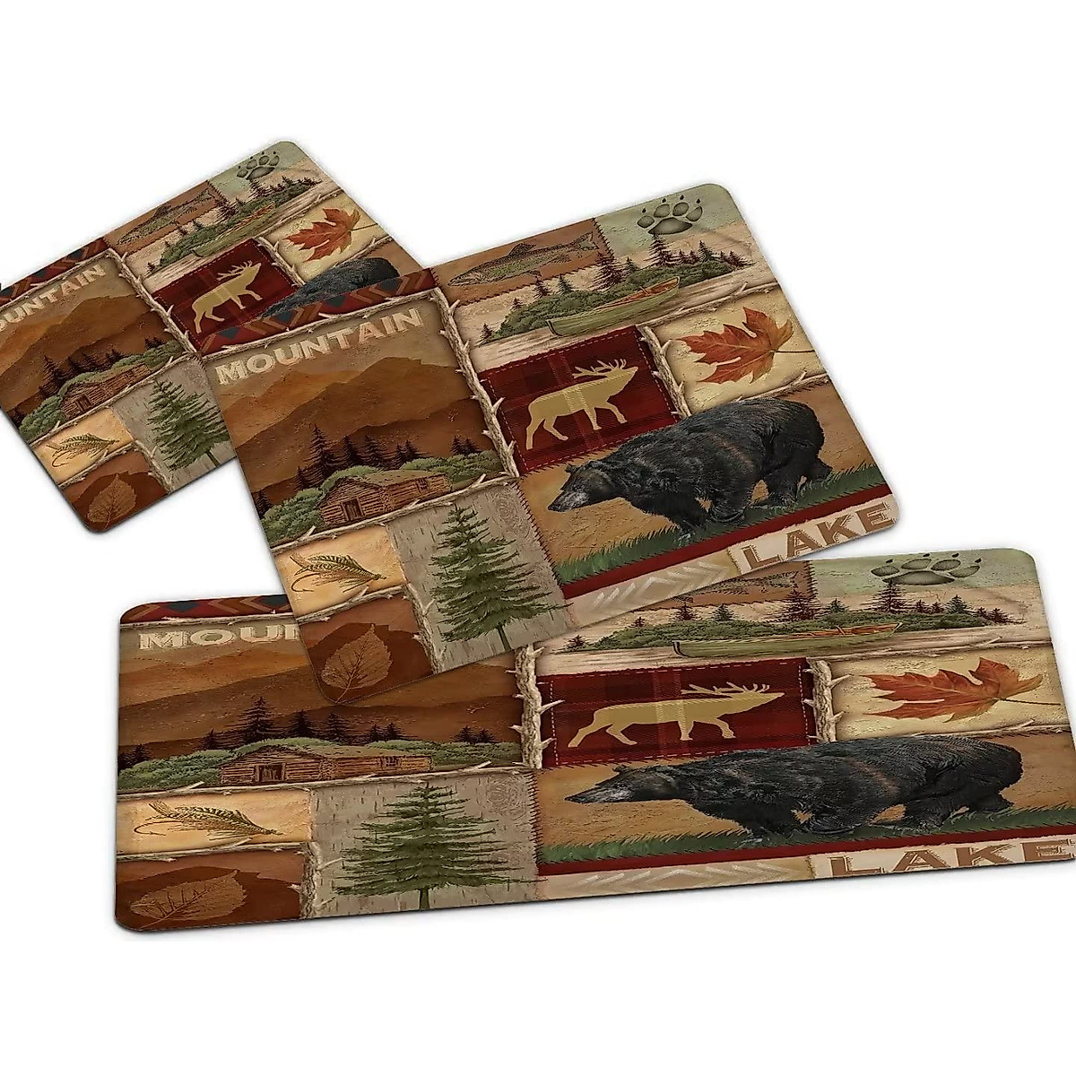 Rustic Cabin Wildlife Kitchen Rug Sets 3 Piece Maple Leaf Bear Moose Deer Country Comfort Mat Farmhouse Floor Mats Washable Doormat Anti Fatigue Non-Slip Kitchen Runner Rugs Bedroom Area Carpet