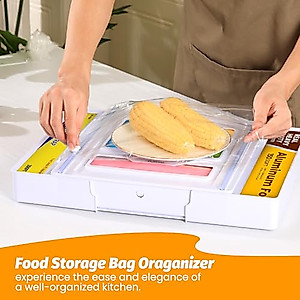 CiWiVOKi Expandable Storage Bag Organizer for Kitchen Drawer, 6 in 1 Foil and Plastic Wrap Dispenser with Cutter, Plastic Organization and Storage for Sandwich Gallon Quart Snack Bags, 3.2"High, White