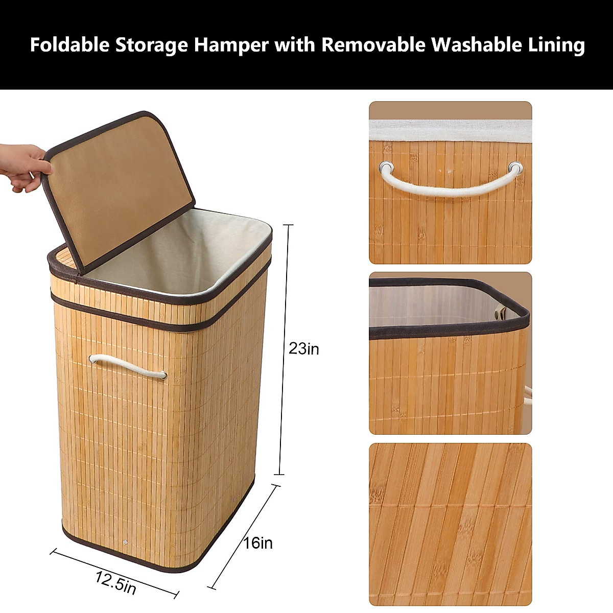 GERAMEXI Bamboo Laundry Basket with Removeable Lid 72L Clothes Hamper with Handle, Foldable Freestanding Clothes Hamper Basket Bedroom, Bathroom,