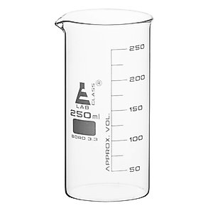 EISCO Beaker, 250ml - Tall Form with Spout - White, 25ml Graduations - Borosilicate 3.3 Glass