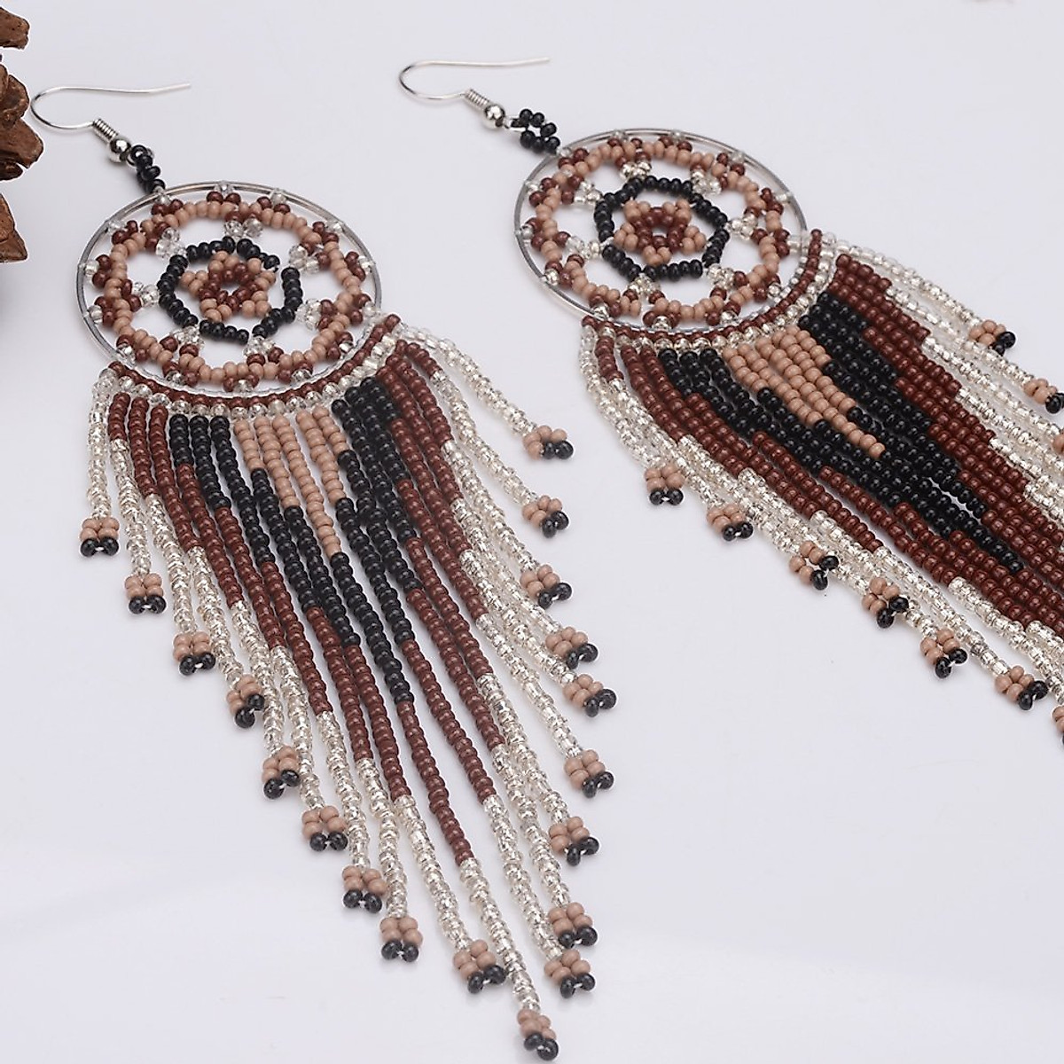 Tarsus Bead Earrings Dangle for Women Seed Bead Dream Catcher Women Hypoallergenic Beaded Native American(Gray)