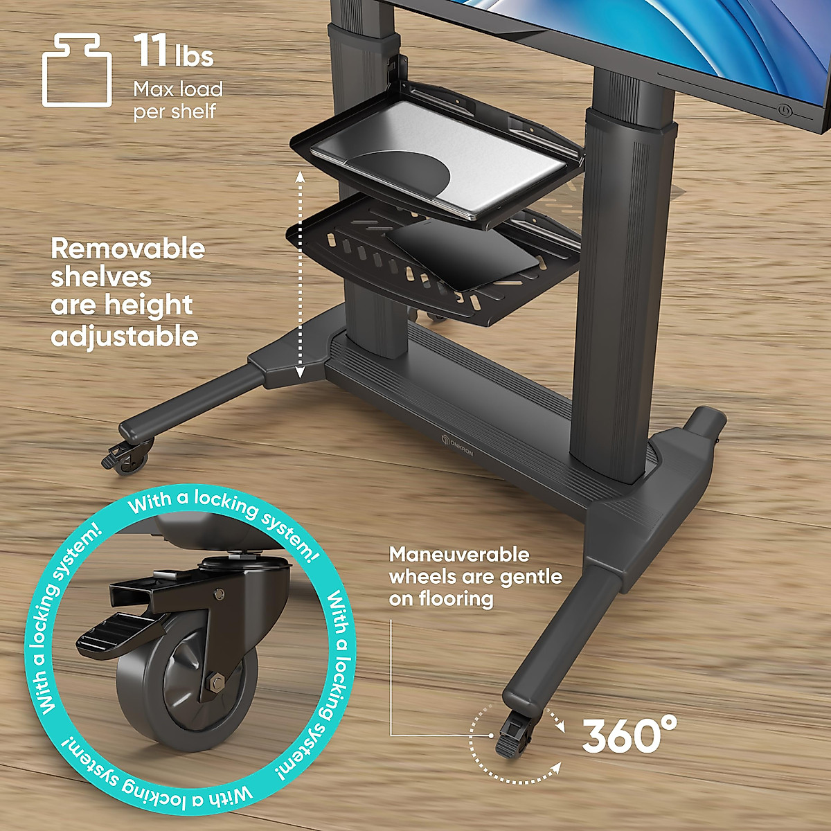 ONKRON Mobile TV Stand with Wheels Rolling TV Stand for 40-80 Inch LED LCD Flat or Curved Screen TVs up to 122 lbs - Height Adjustable TV Cart with Shelves - Portable TV Stand (TS2771) Black