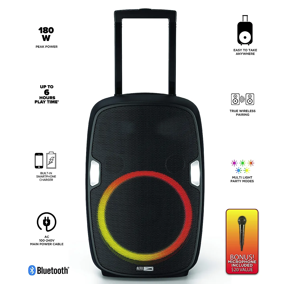 Altec Lansing SoundRover Wireless Trolley Bluetooth Speaker with Microphone, Rechargeable System Speaker for Parties, Karaoke DJ Speaker with Led Lights and USB Smartphone Charger